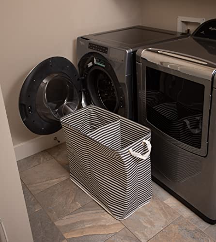BIRDROCK HOME 112L Collapsible Double Laundry Hamper Basket - Grey & White Stripes Sorter Bin - Compact Dirty Clothes Organizer Bag - Divided Section