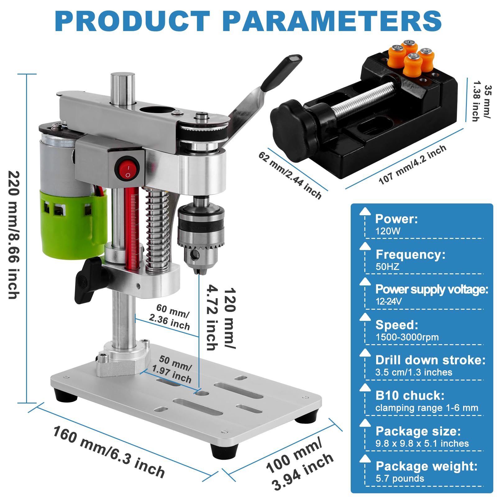 MXBAOHENG Mini Desktop Drill Press 7-speed Micro Drill Press with Work Light for Wood, Crafts and Jewelry Making, Small Table Drilling Machine 795 Motor B10 Chuck, with Belt and Motor Protective Cover