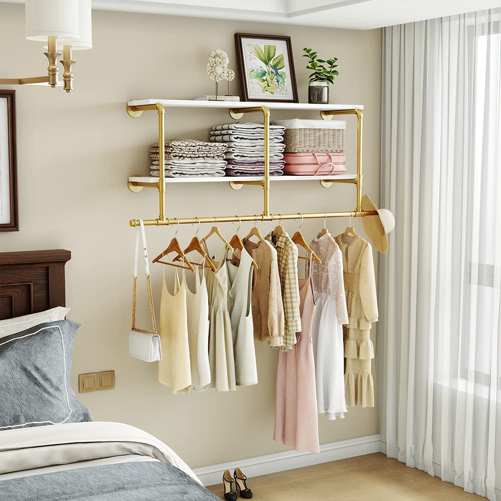 MAIKAILUN Wall Mounted Clothes Rack Gold with Shelf, 52" Long Industrial Pipe Clothing Rack with 2 Tier Shelves Heavy Duty Iron Garment Rack Bar,Retail Display Clothes Rod for Clothes,Laundry Room