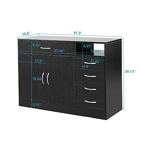 Bonnlo Storage Cabinet, 41" Wide Floor Cabinet Organizer with 5 Drawers and 2 Doors, Adjustable Shelf for Bathroom, Kitchen, Living Room, Bedroom, Laundry Room, Entryway, Office, Ample Space Black