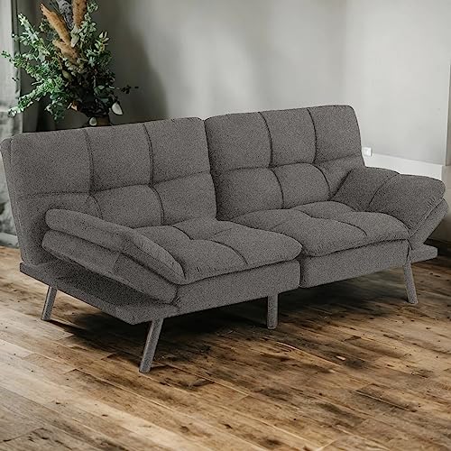 Fangflower Futon Sofa Bed, Fabric Memory Foam Couch, Foldable Convertible Sleeper Loveseat, Daybed for Living Room, Dark Grey