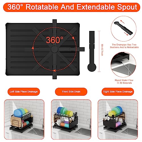 Baroflone Dish Drying Rack, 2 Tier Dish Drying Rack Large Capacity, Rust-Proof Stainless Steel Dish Racks for Kitchen Counter with Drainboard, Cutting Board Holder - Black