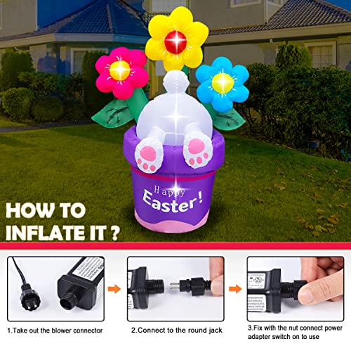 BLOWOUT FUN 6ft Inflatable Easter Rabbit into Flower Basket Decoration LED Blow Up Lighted Decor Indoor Outdoor Holiday Art Decor Clearance