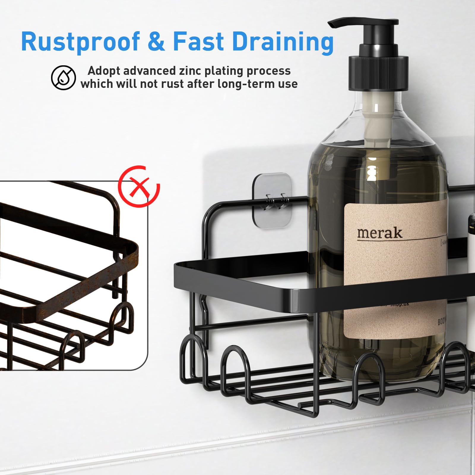 RNIDUTA Shower Caddy Basket Shelf with Soap Holder, 4 Pack Adhesive Shower Organizer, Stainless Steel Shower Shelf for Inside Shower, No Drill Rustproof Bathroom Shower Storage Organizer, Black