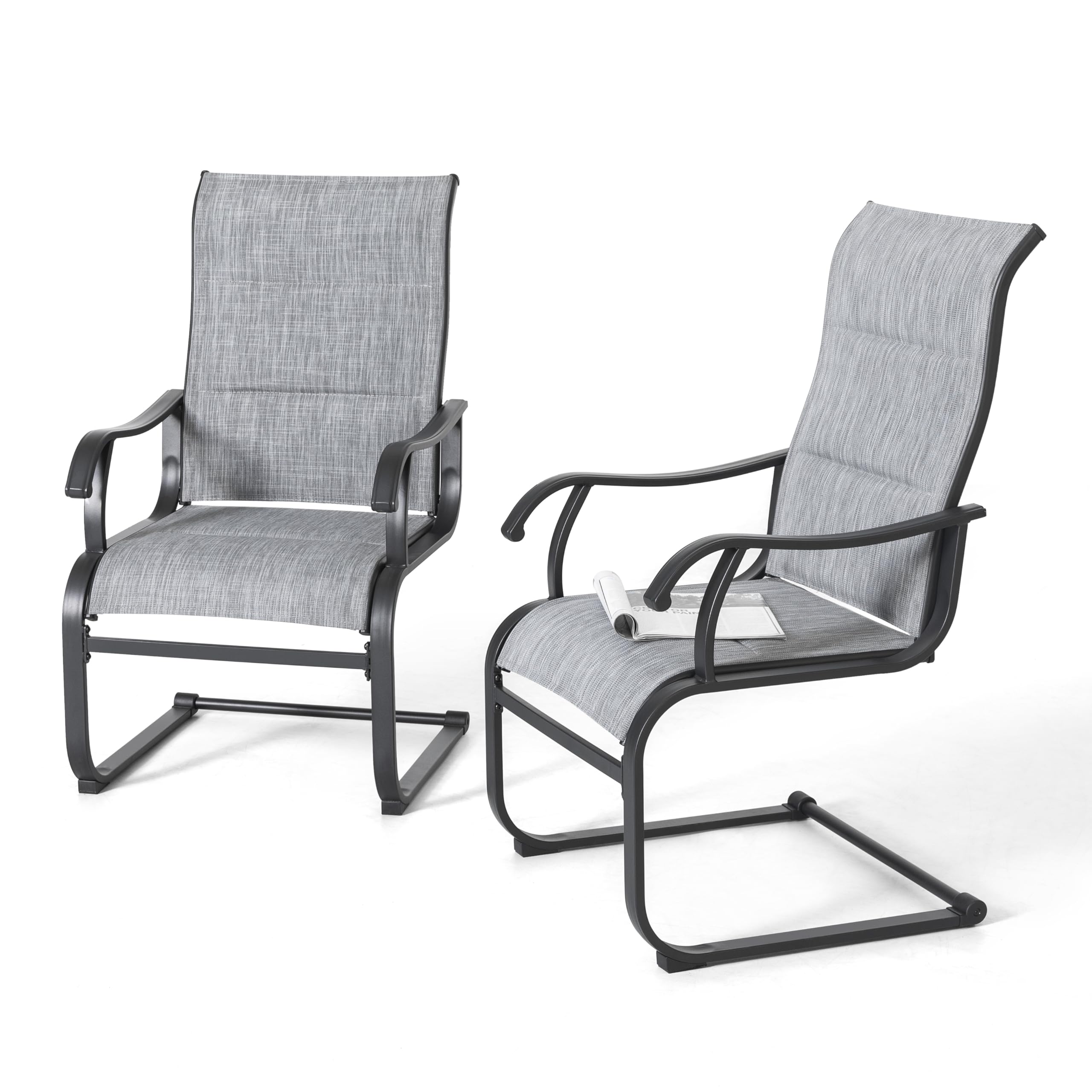 NUU GARDEN Patio Dining Chairs Set of 2, All Weather Outdoor Padded Textilene Patio Chairs, Breathable Spring Motion Textile High Back Outdoor Dining Chairs for Backyard, Lawn, Deck, Grey
