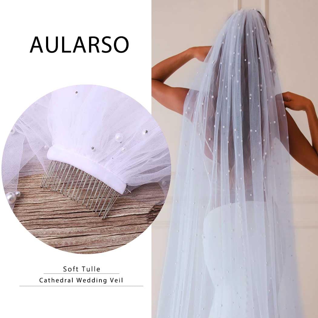Aularso 118'' Cathedral Wedding Veil Pearl Bridal Veils Long Veil with Comb 2Tier Short Veil for Brides (White-118 * 59in(cathedral))