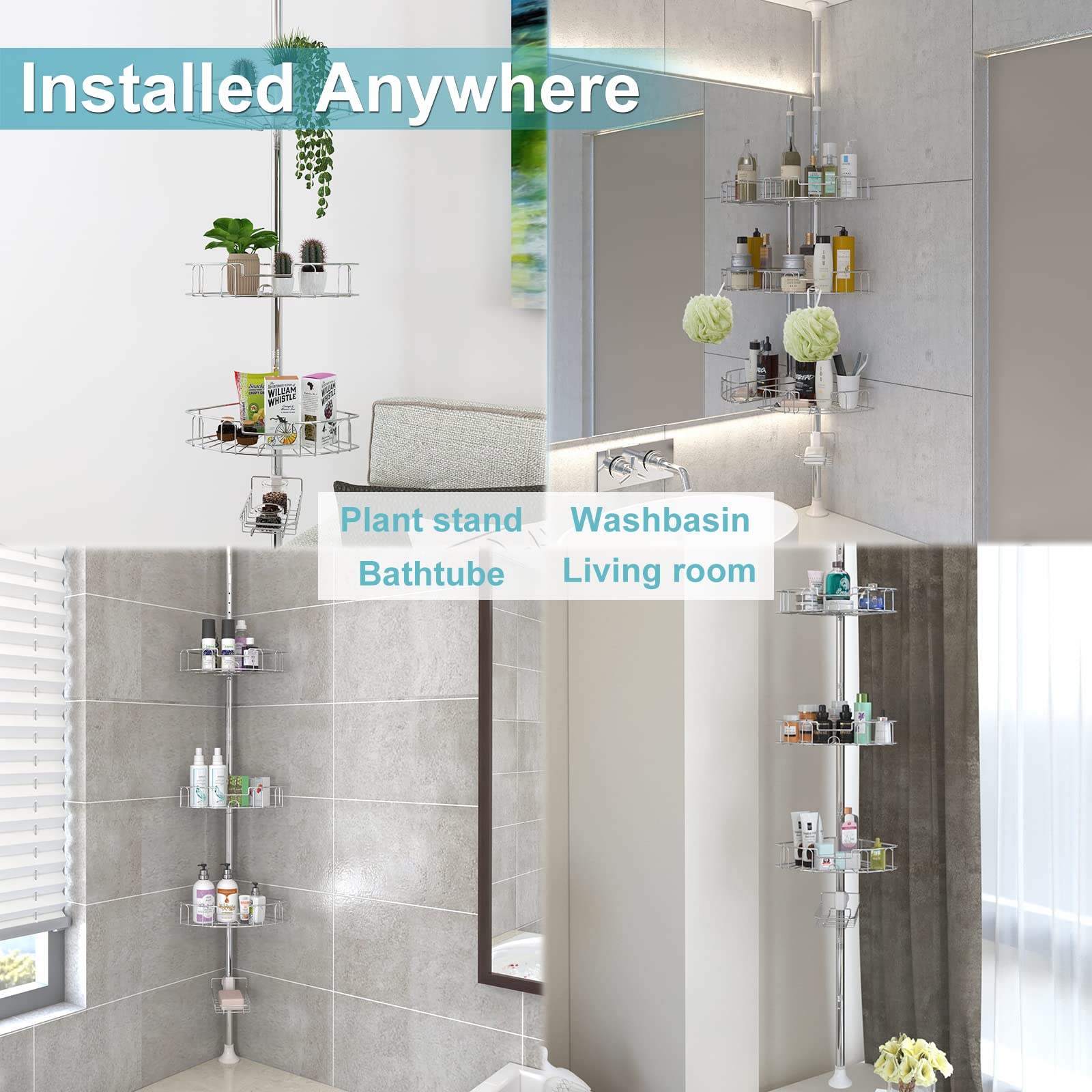 Tension Shower Caddy , Stainless Steel Corner Shower Caddy Stand Storage Organizer with Rustproof Tension Pole for Bathroom Bathtub Shampoo Soap Plants, 4 Tier Adjustable Shelves, 54 to 125 Inch