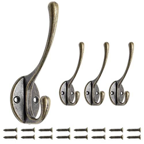 Bonsicoky 4 PCS Farmhouse Wall Mounted Coat Hooks, Decorative Heavy Duty Double-Hook Wall Hooks with Screws for Coats Bags Hats Towels - Black