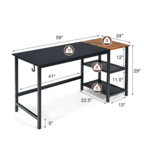 BBSJ 59" Home Office Computer Desk Study Laptop Desk Detachable 2 Tier Shelves Shelves Office Furniture
