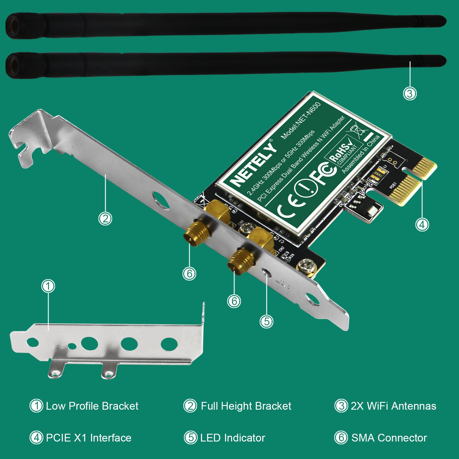NETELY Wireless N Dual Band 600Mbps 2-Stream PCIE WiFi Adapter for Desktop PCs, PCIE WiFi Card, 2.4GHz 300Mbps and 5GHz 300Mbps, Qualcomm Atheros Wireless Network Adapter(NET-N600)