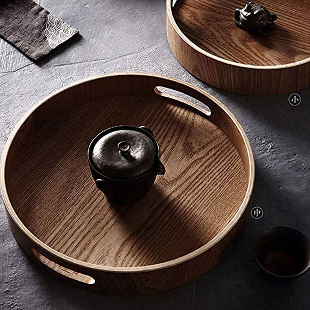 Beilay LC-2904 25x25x5cm Bamboo Wood Natural Serving Tray, Raised Edge, Food Tray,Cut-Out Handles Round