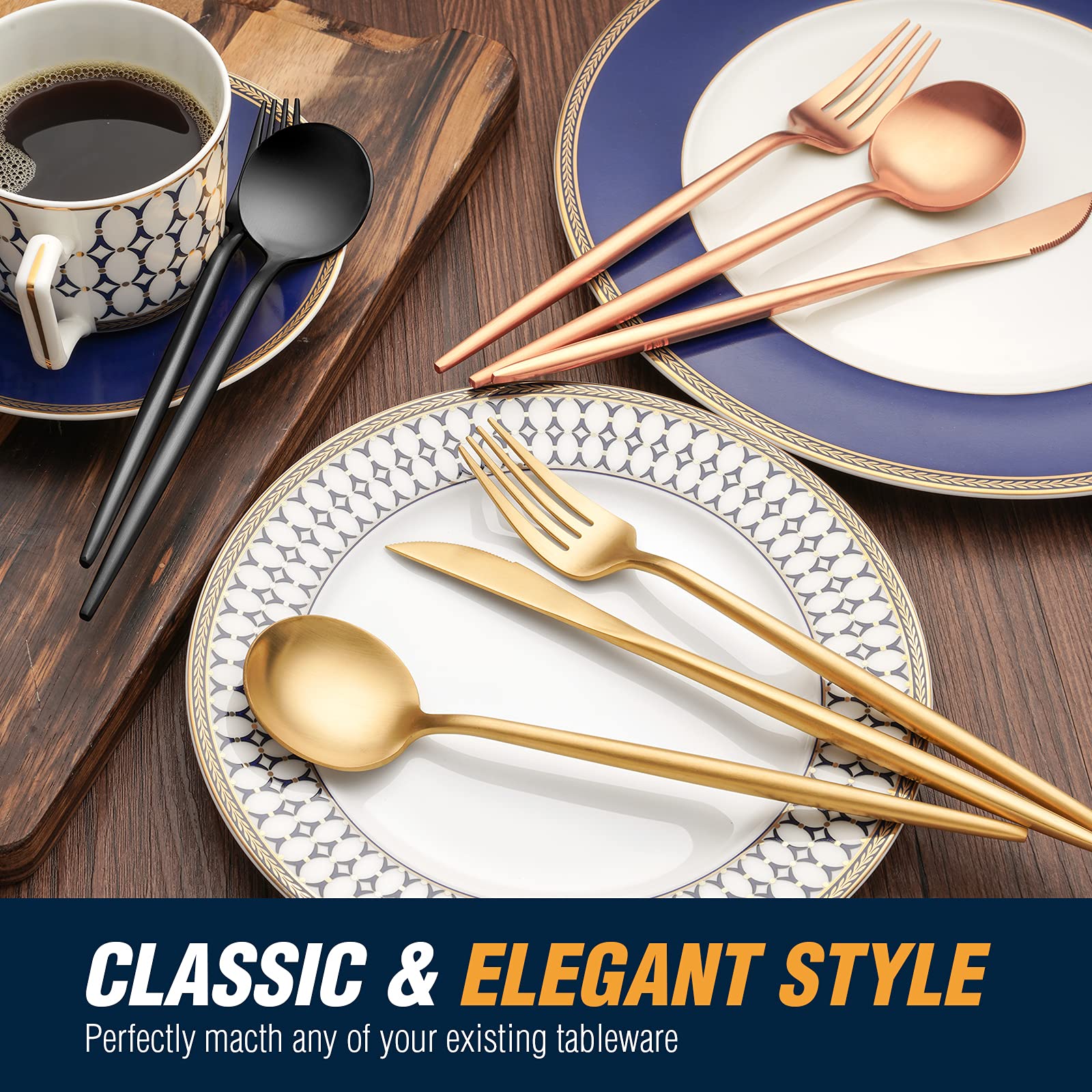 BirdyFly Gold Silverware Set, 20 Piece Stainless Steel Flatware Set Service for 4, Matte Gold Cutlery Set, Include Knives/Forks/Spoons, Dishwasher Safe