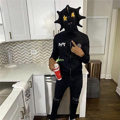 Cbsdezanos Womens Y2k Full Zip Up Hoodie Over Face Star Graphic Oversized Sweatshirt Aesthetic Punk Goth Jacket Streetwear (A Black, XL)