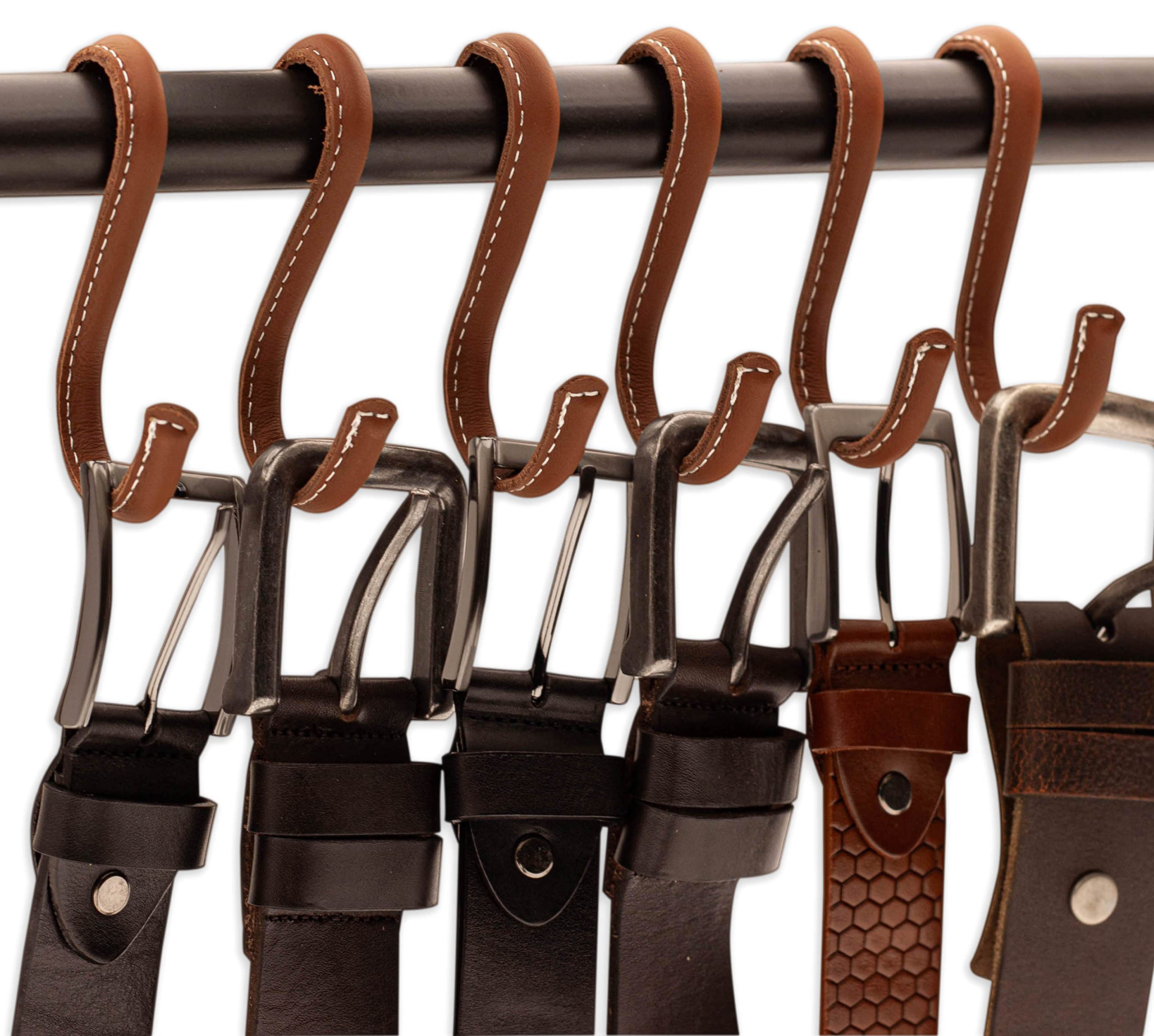 Brute Strength - S Shaped Hooks Wrapped in Full Grain Leather - 6 pcs - Cognac - Stainless Steel Metal Hangers Hanging Hooks for Kitchen - Leather Hooks - Leather s Hooks