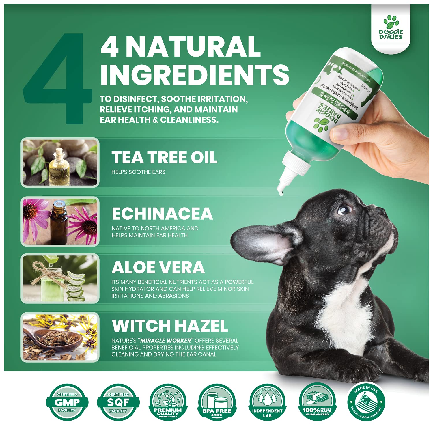 Doggie Dailies Cleansing Ear Wash for Dogs with Tea Tree Oil & Soothing Aloe Vera