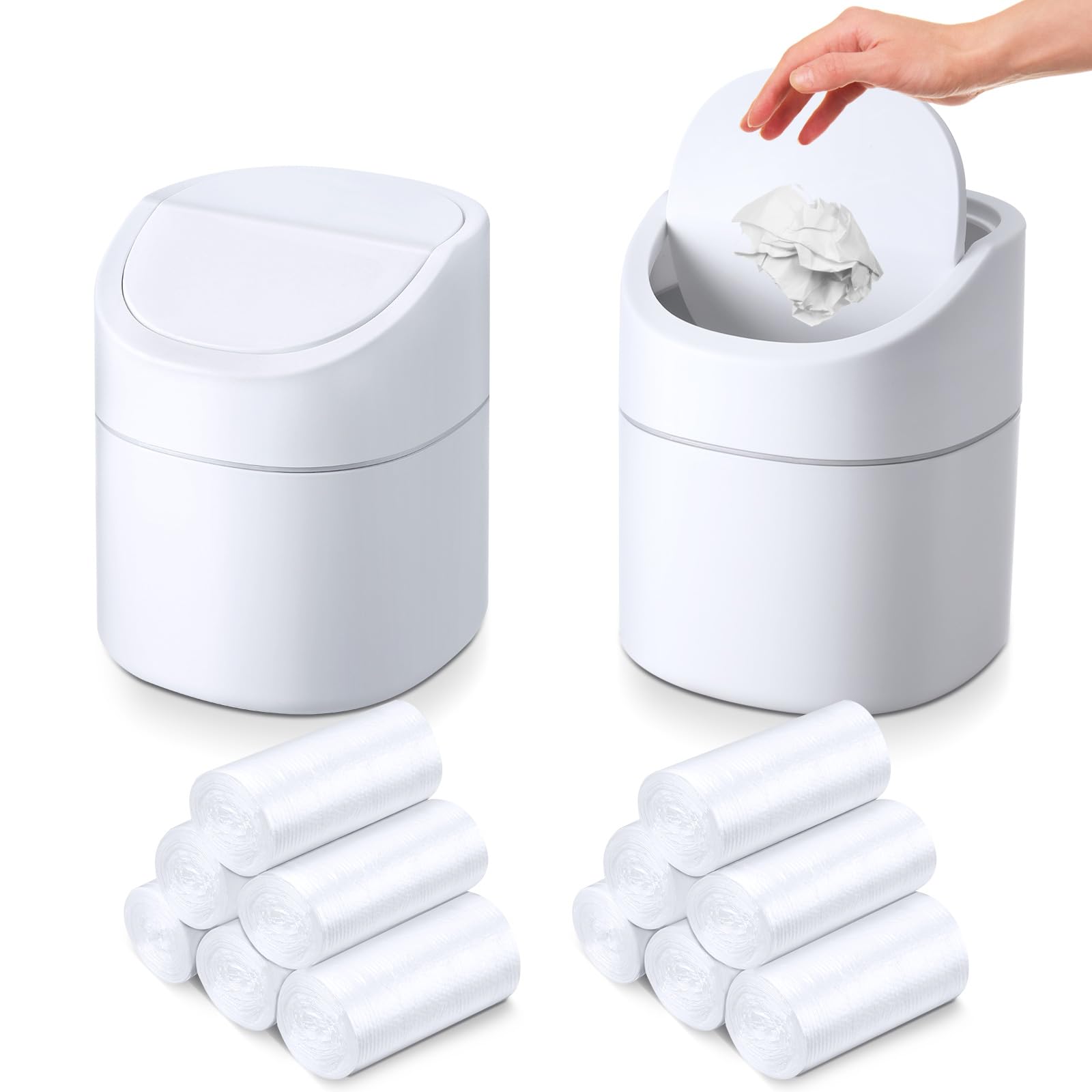 FoldTier 2 Pcs Mini Desk Trash Garbage Can with Lid and 360 Pcs Trash Bags 0.5 Gallon Tiny Countertop Waste Basket Desktop Trash Bin for Bathroom Kitchen Office Table (White,Swing Lid)