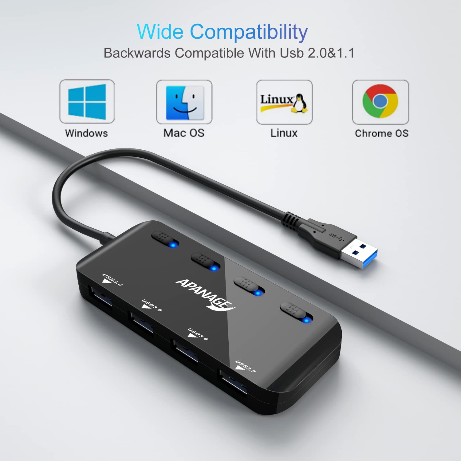 Apanage 4-Port USB 3.0 Hub Splitter, Ultra Slim USB Data Hub with Individual Power Switches and LED Indicator for PC, MacBook Air, iMac, Mac Pro/Mini, Printer, Flash Drives, Mobile HDD