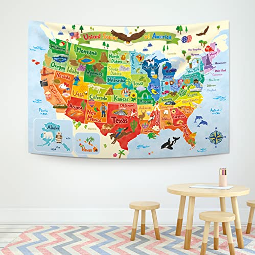 BASHOM TP-008 United states MAP Tapestry 60''x40''(150x100cm) Poster for Kids Educational learning Wall Hanging for Bedroom Living Room Nursery Dorm Home Decor USA America US map