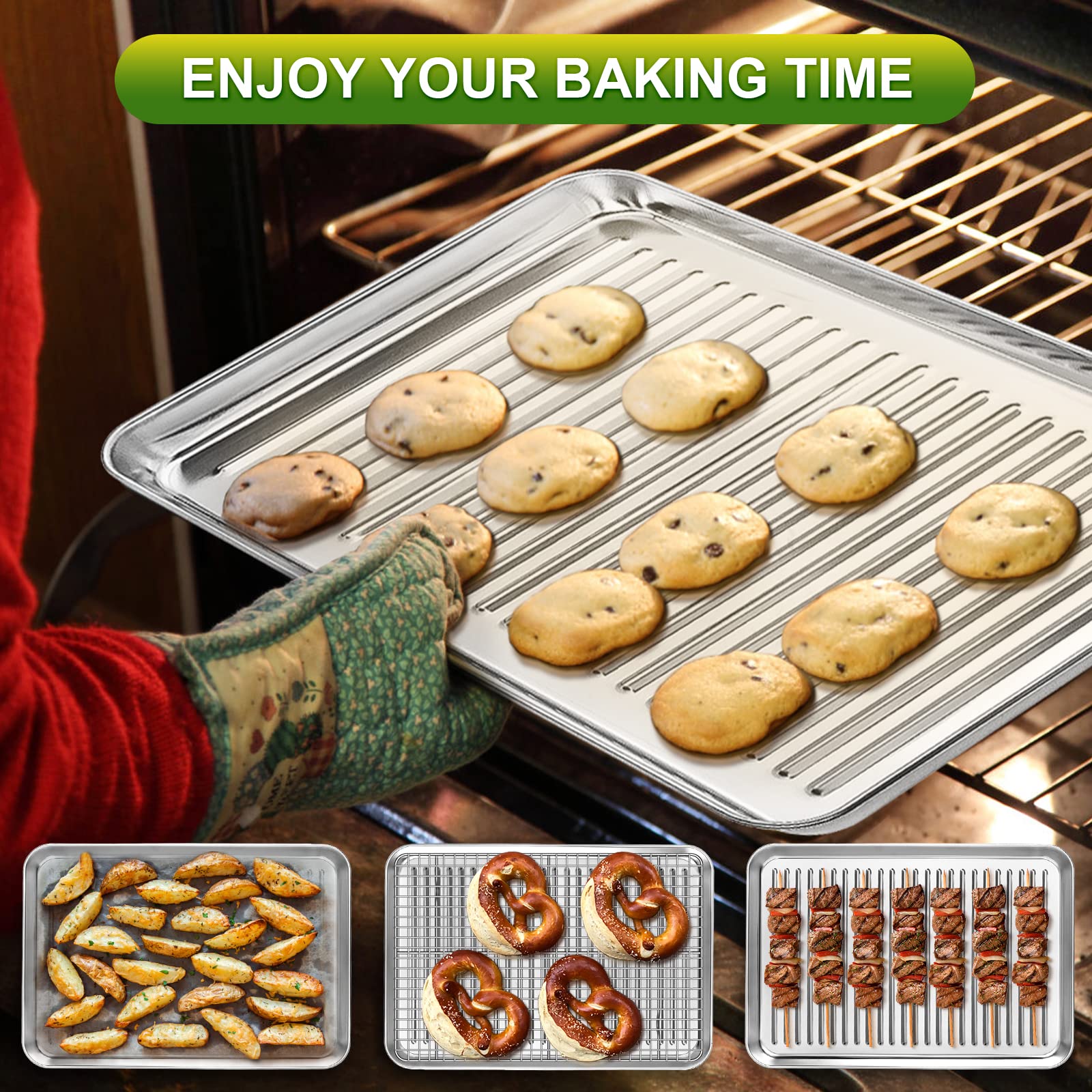 Baking Sheet with Wire Rack Set (2 Baking Pans + 2 Cooling Racks), CEKEE Stainless Steel Cookie Sheets for Baking Sheet Pan Tray, Jelly Roll Pan, Warp Resistant & Heavy Duty, Size 16 x 12 x 1 Inches