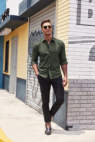 COOFANDY Men's Muscle Fit Dress Shirts Wrinkle-Free Long Sleeve Casual Button Down Shirt (01-Olive Green(Stretch Fabric), X-Large)