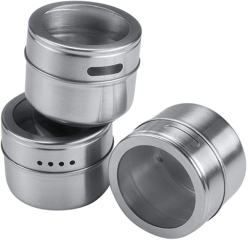 Bekith 20 Pack Stainless Steel Magnetic Spice Tins, Storage Spice Containers, Clear Top Lid with Sift and Pour, Magnetic on Refrigerator and Grill, 120 Spice Labels