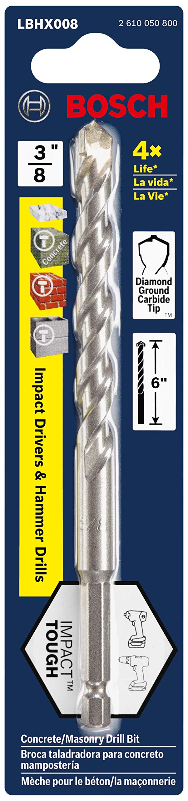BOSCH 3/8 In. X 6 In. Hex Shank Hammer Drill Masonry Bit LBHX008