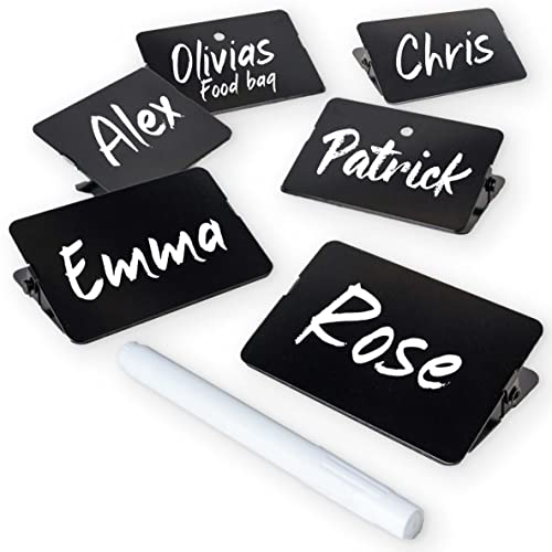 Basket Bin Labels Clip On, 6 Pc Labels for Storage Bins, Chalkboard Labels, Black Metal Label Clips, Bag Clip, with White Marker, Tags for Baskets, Home, Book Pantry Organizing
