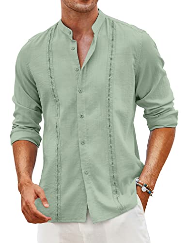 COOFANDY Men's Mandarin Collar Shirts Linen Casual Long Sleeve Button Down Shirt Summer Beach Wedding Shirt Mint Green