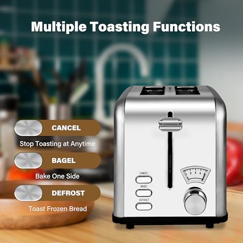 Simple Deluxe Stainless Steel Toaster 2 Slice with 1.5β Wide Slot & Removable Crumb Tray, 5 Shade Options and Bagel/Defrost/Cancel Functions, for Various Bread & Waffle, Retro Silver
