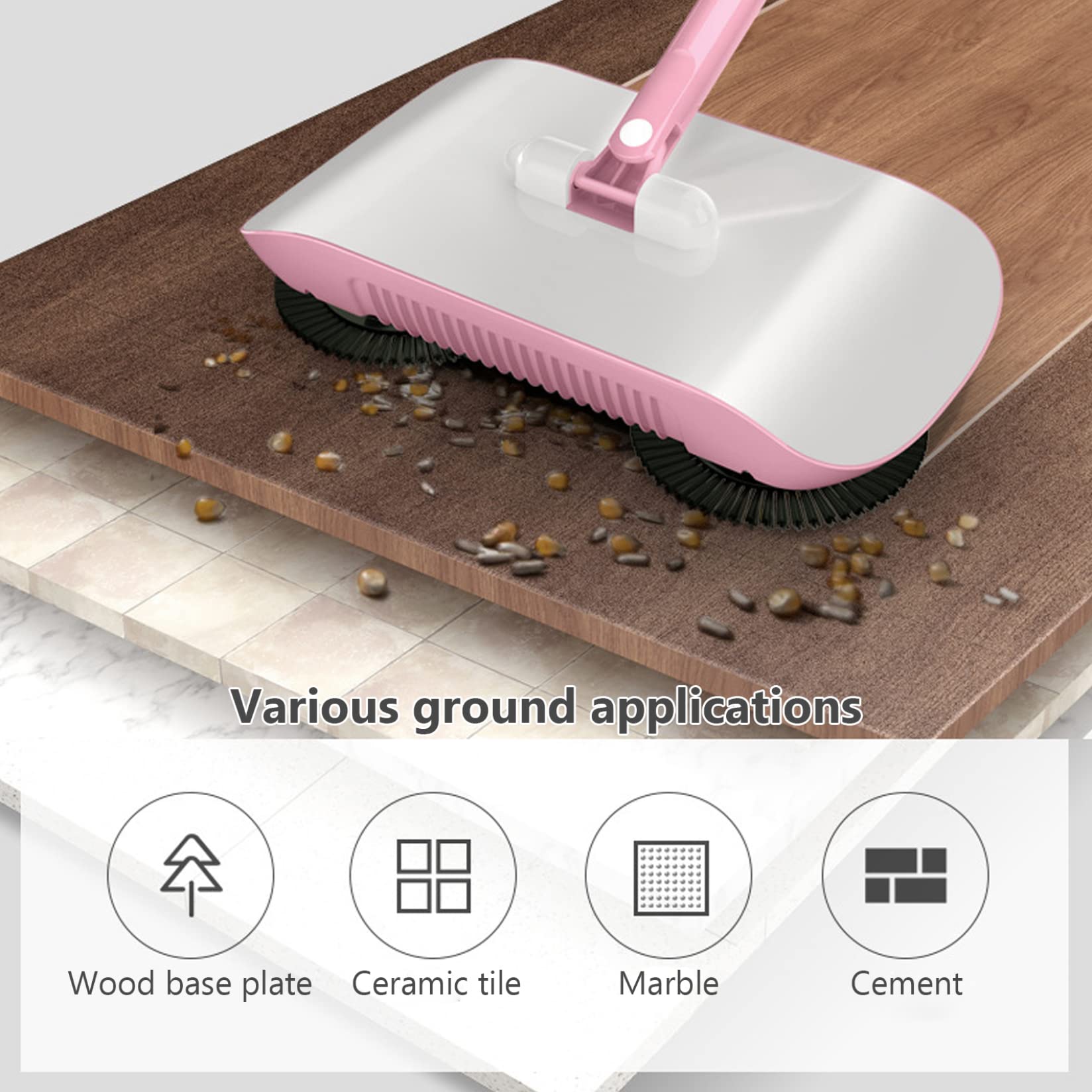 Hand Push Floor Sweepers, 3 in 1 Manual Vacuum Cleaner Mop, Floor Crumb Sweeper, Home Cleaning Sweeping Mop for Wooden Ttile Floor Rugs (Pink)