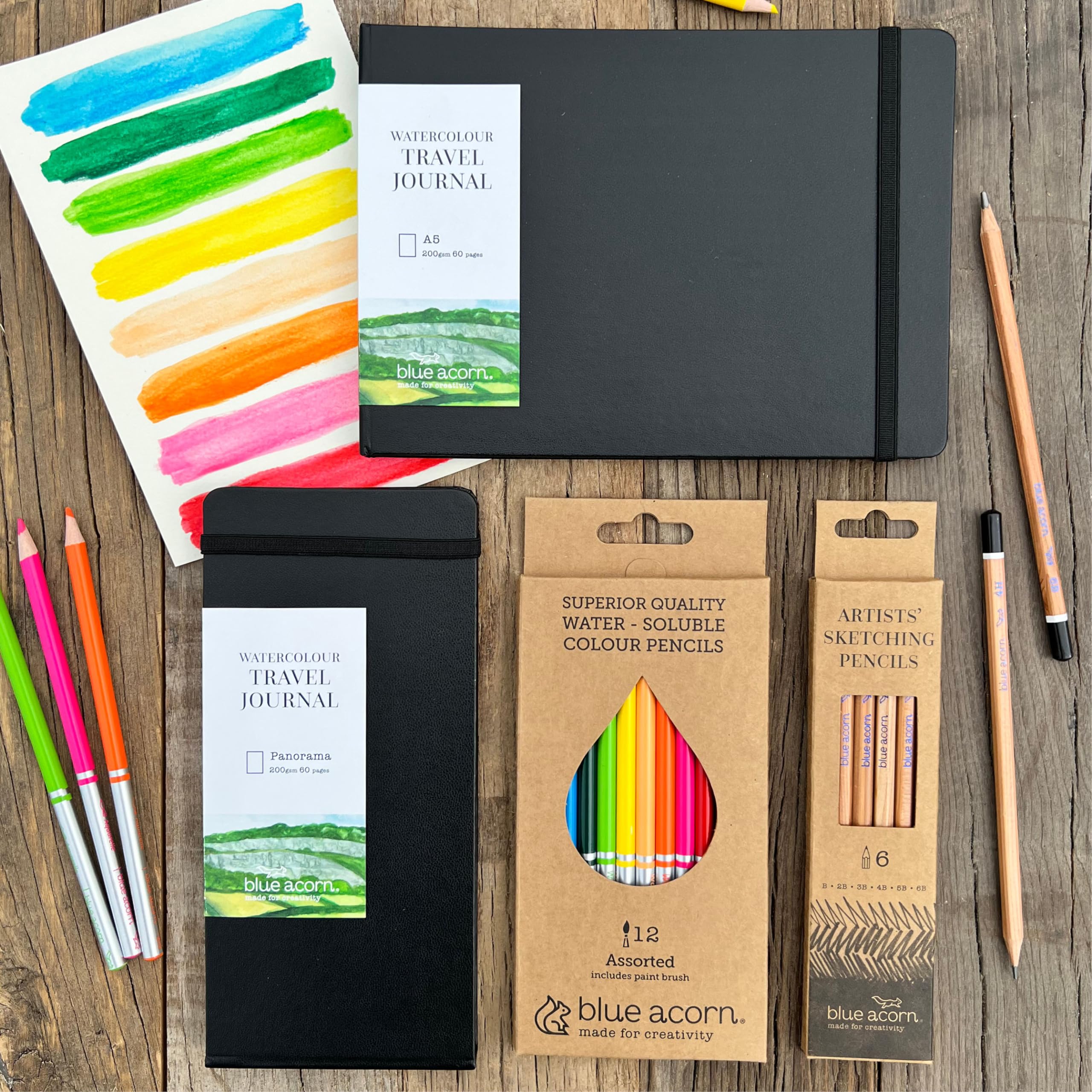 Blue Acorn Watercolour Journal Gift Set - Includes a Watercolour Travel Journal (60 Pages), an A5 Landscape Watercolour Travel Journal (60 Pages), 12 Water-Soluble Pencils and 6 Sketching Pencils