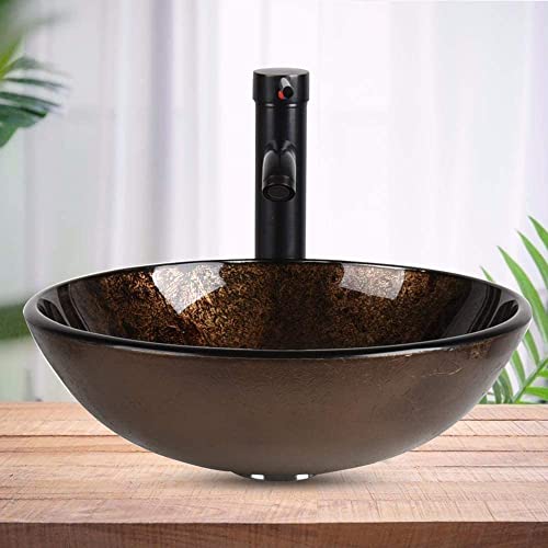 Bathroom Vessel Sink, 16.5" Artistic Glass Bathroom Bowl Basin with Faucet, Mounting Ring and Pop Up Drain, Brown