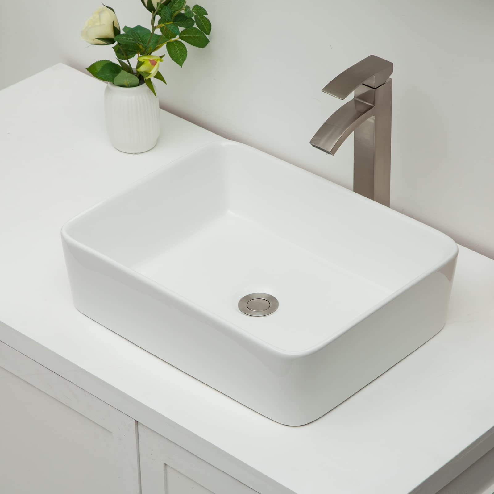 Bathroom Vessel Sink Countertop Rectangular - Kichae 19x15 Inch Modern White Bathroom Sinks Rectangle Above Counter White Porcelain Ceramic Vessel Vanity Sink Art Basin