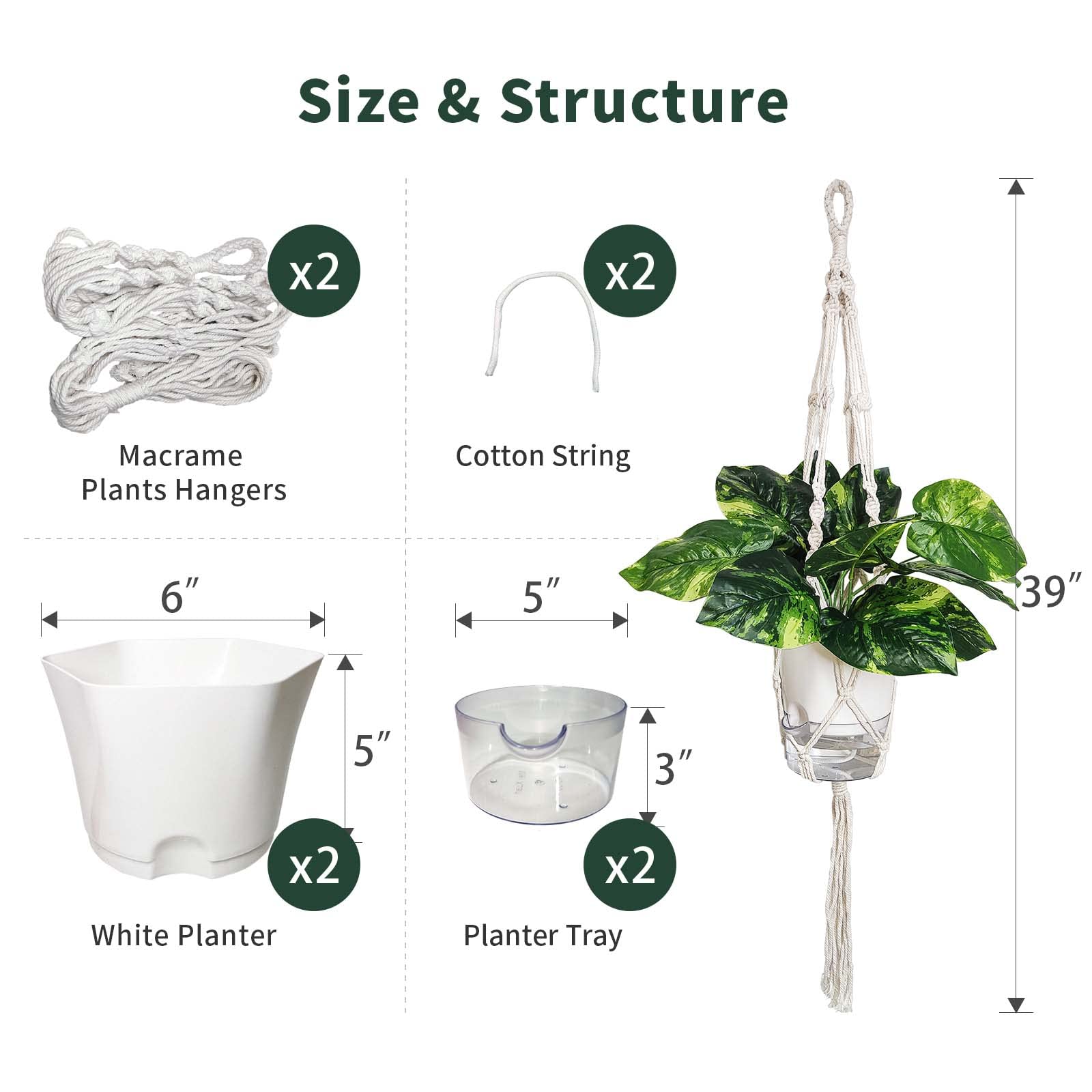 BERZGER 2 Pack Self Watering Hanging Planters for Indoor Plants, Macrame Plant Hangers Holders with Pots, 6'' Decorative Modern Plastic Planters with Drainages and Trays.