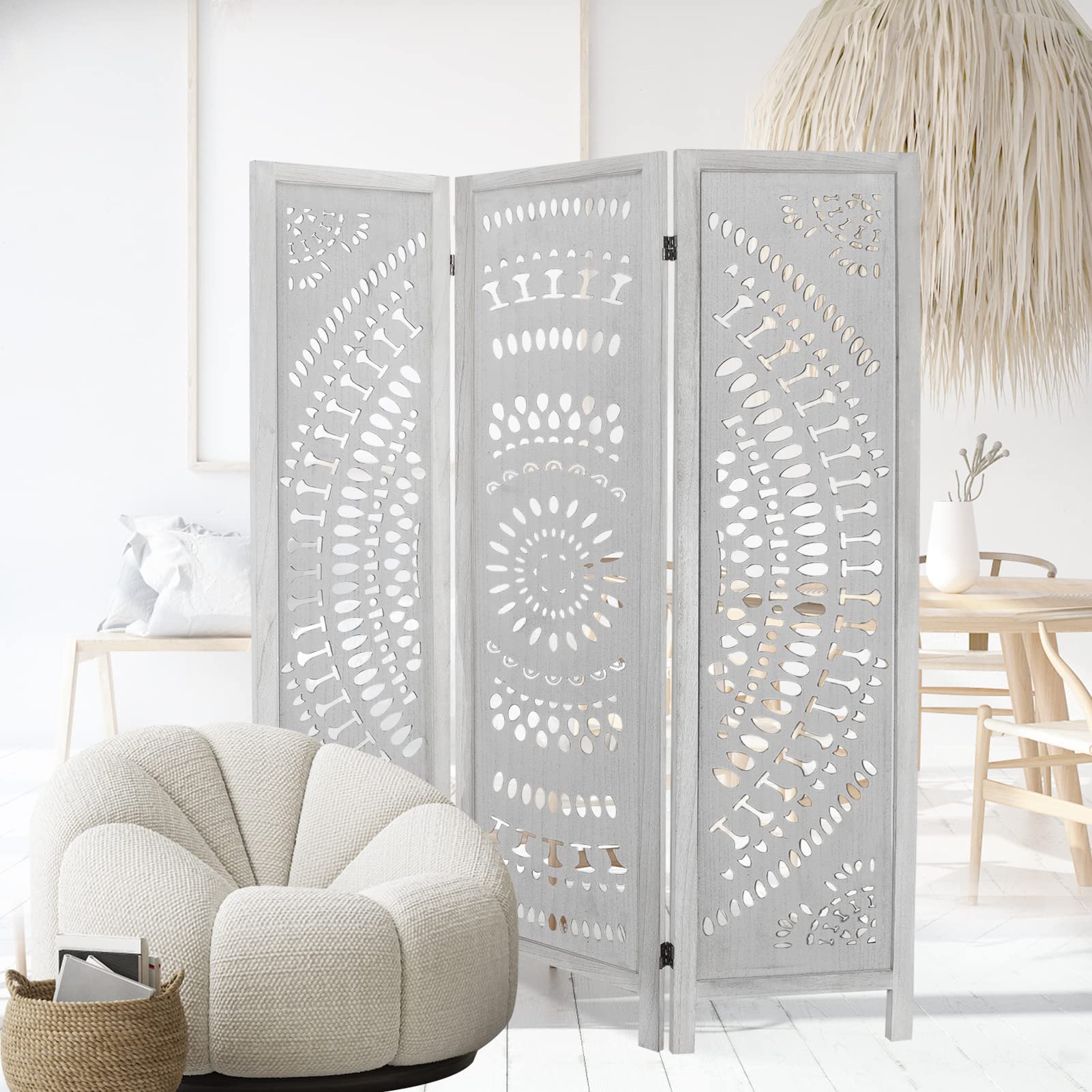 ECOMEX Carved Room Dividers,4 Panel Room Divider with Hand Carved Vintage Style Room Dividers and Folding Privacy Screens,Retro Flower Pattern, Brown
