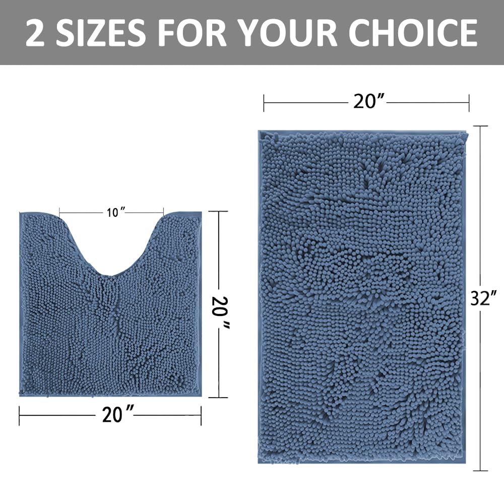 Blue Bath Toilet Rugs Chenille Bath Mats Set 2 Piece Extra Soft and Absorbent Shaggy Rugs, Machine Wash and Dry, Perfect Plush Bath Mats for Tub, Shower, Bathroom Decor, Washable Carpets Set