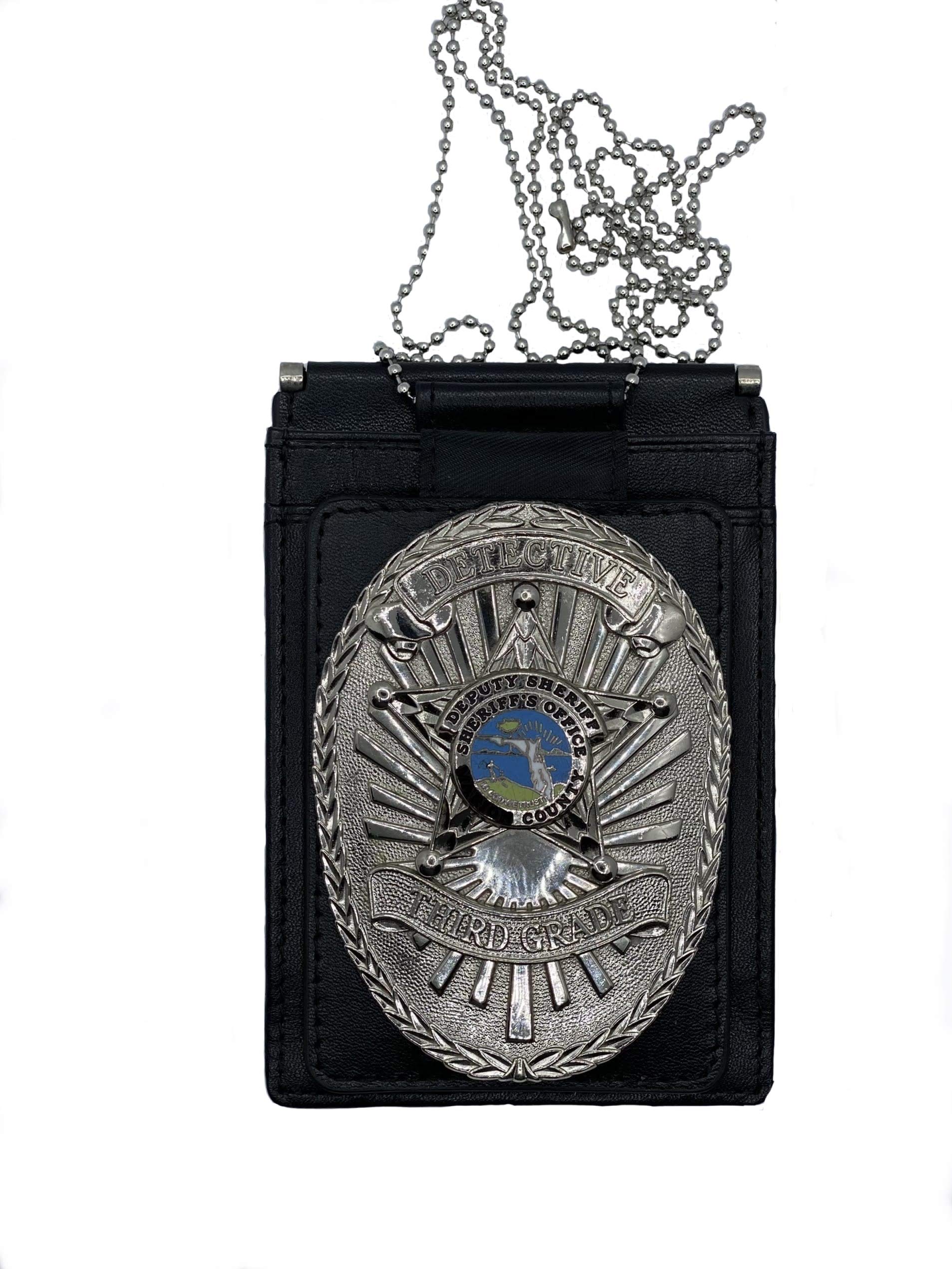 Frag Black Leather Sheriff Police Hidden Badge Wallet & Chain Necklace Lanyard, Medium