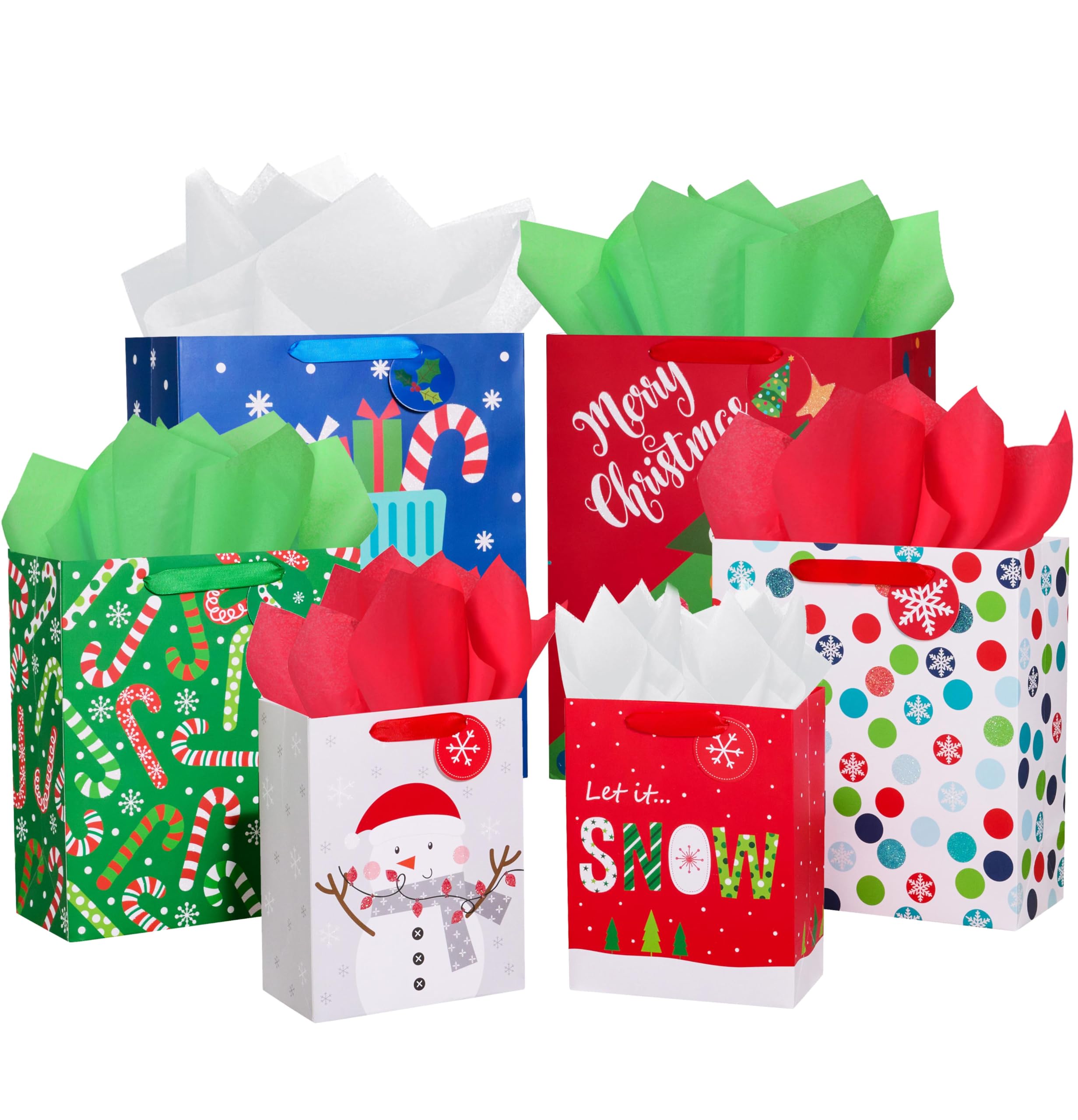 SUNCOLOR Pack of 12 Christmas Gift Bags Assorted Sizes With Tissue paper (4 Extra Large 16", 4 Large 12", 4 Medium 9")