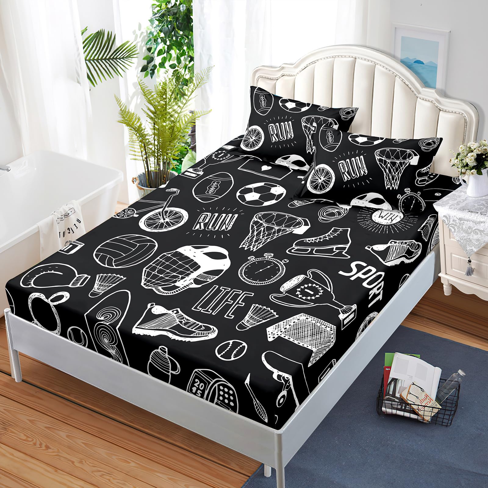 BSNTHO Sports Sheet Set Full Size 4 Piece, Boy Sheets for Girls Boys Kids Teens with 2 Pillowcases and 16" Deep Pocket, Hand-Drawn Style Bedding Set Microfiber Ultra Soft Skin Friendly