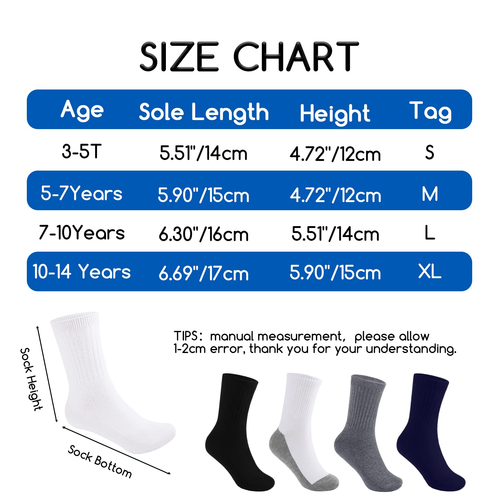 Auranso Boys Crew Socks 6 Pairs Kids Girls Cushion Athletic Ankle Socks White Grey 10-14 Years