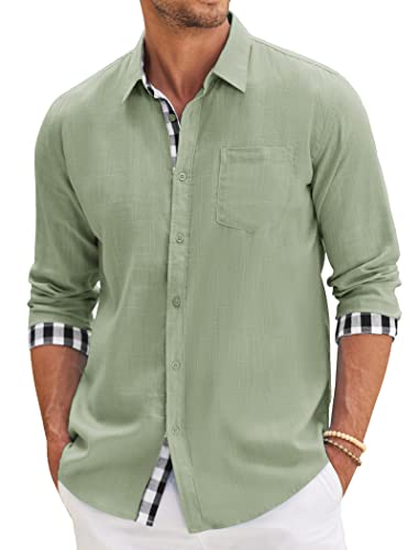 COOFANDY Mens Shirt Plaid Spread Collar Business Casual Work, Light Green, Large, Long Sleeve