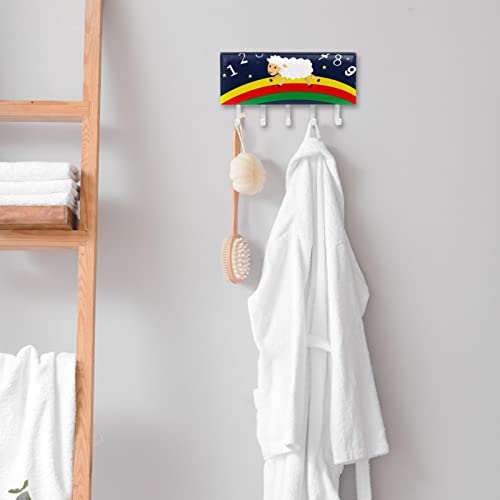 Bed Time Sheep Rainbow Night Mail Holder Organizer and Key Hooks PU Front, Self Adhesive Key Rack with 5 Hooks Perfect for Entryway, Hallway,Bathroom ,Kitchen