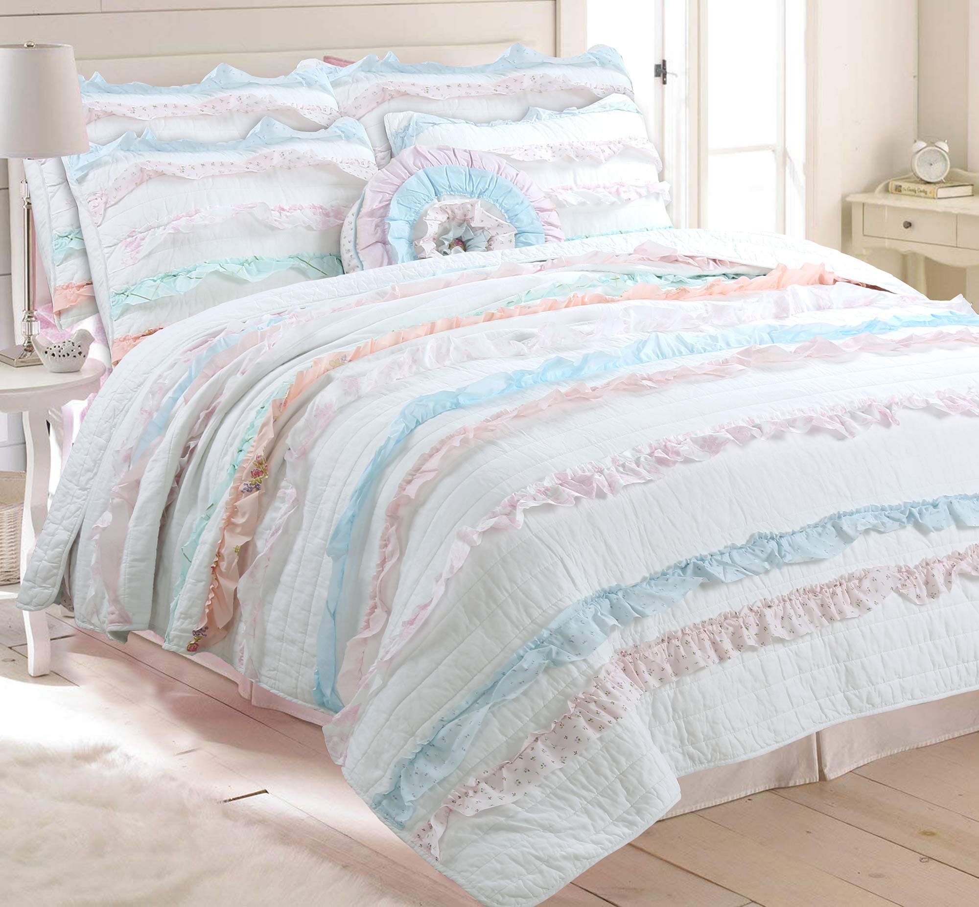 Cozy Line Home Fashions Light Pink Blue Coral White Ruffle 100% Cotton Reversible Girl Quilt Bedding Set, Reversible Coverlet Bedspread (Shabby Chic, Queen - 3 Piece)
