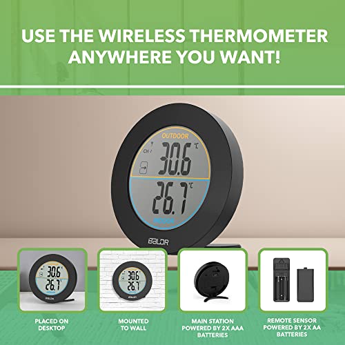 BALDR Wireless Indoor/Outdoor Thermometer - Surface or Wall Mounted Temperature Monitor, 2.5β LCD Display Thermometer with Min/Max Records & Trend Arrows Sign - Portable Home Weather Station (Black)