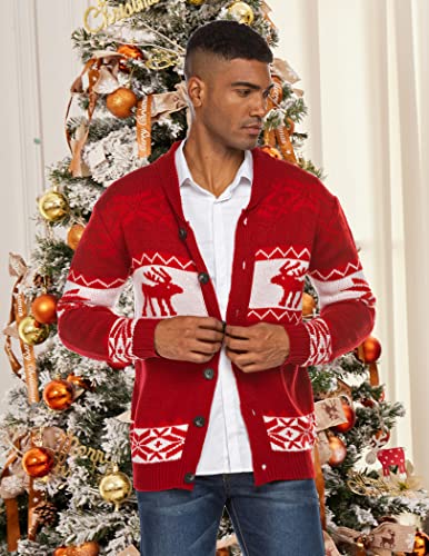 COOFANDY Mens Ugly Christmas Xmas Reindeer Snowflake Button Front Long Sleeve Shawl Collar Cardigan (Red M)