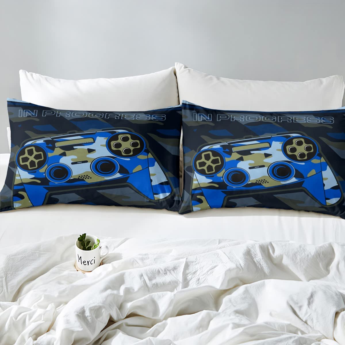 Feelyou Games Comforter Cover Twin Size,Gamepad Bedding Set for Boys,Kids Video Games Duvet Cover Set Modern Gamer Console Action Buttons Quilt Cover Teens Bedroom Decor Camo Navy Blue 2 Pcs