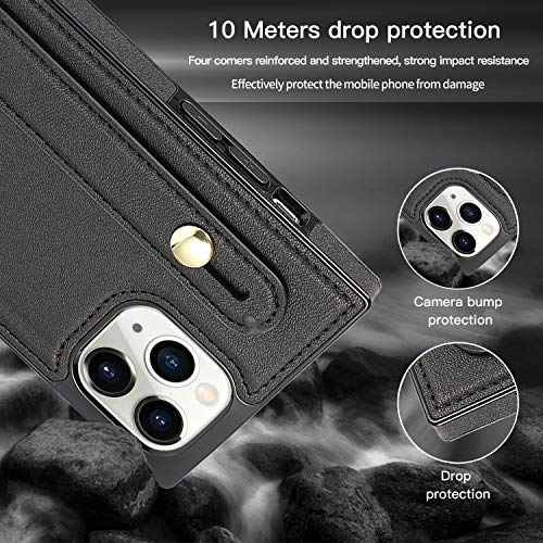 DEFBSC Crossbody Case for iPhone 12, iPhone 12 Pro Case 5G, Finger Strap Wallet Case with PU Kickstand and Adjustable Detachable Crossbody Strap Card Slot Heavy Duty Protective Square Cover-Black