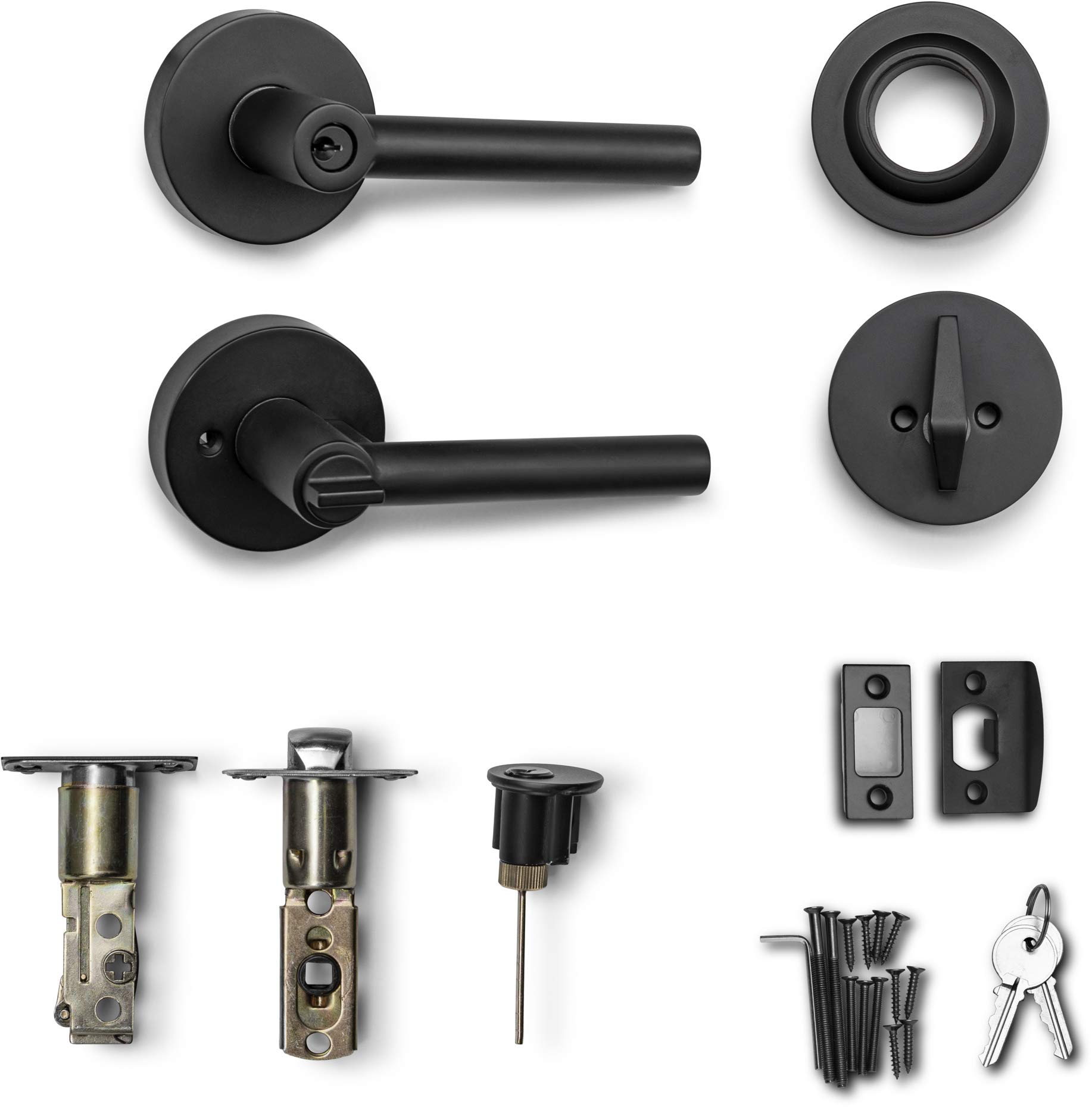 Berlin Modisch Entry Lever Door Handle and Single Cylinder Deadbolt Lock and Key Sleek Round Locking Lever Handle Set [Front Door or Office] Right & Left Sided Doors Heavy Duty – Iron Black Finish