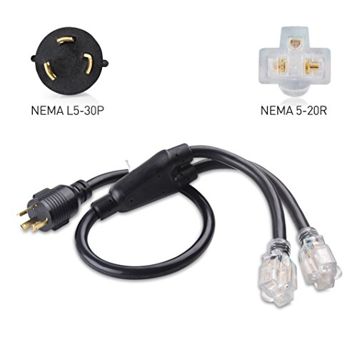Cable Matters LED-Lit 3 Prong 30 Amp to 15 Amp Adapter for Generator (30 AMP to 110 Adapter Splitter) 3 Feet - NEMA L5-30P to 2X 5-20R