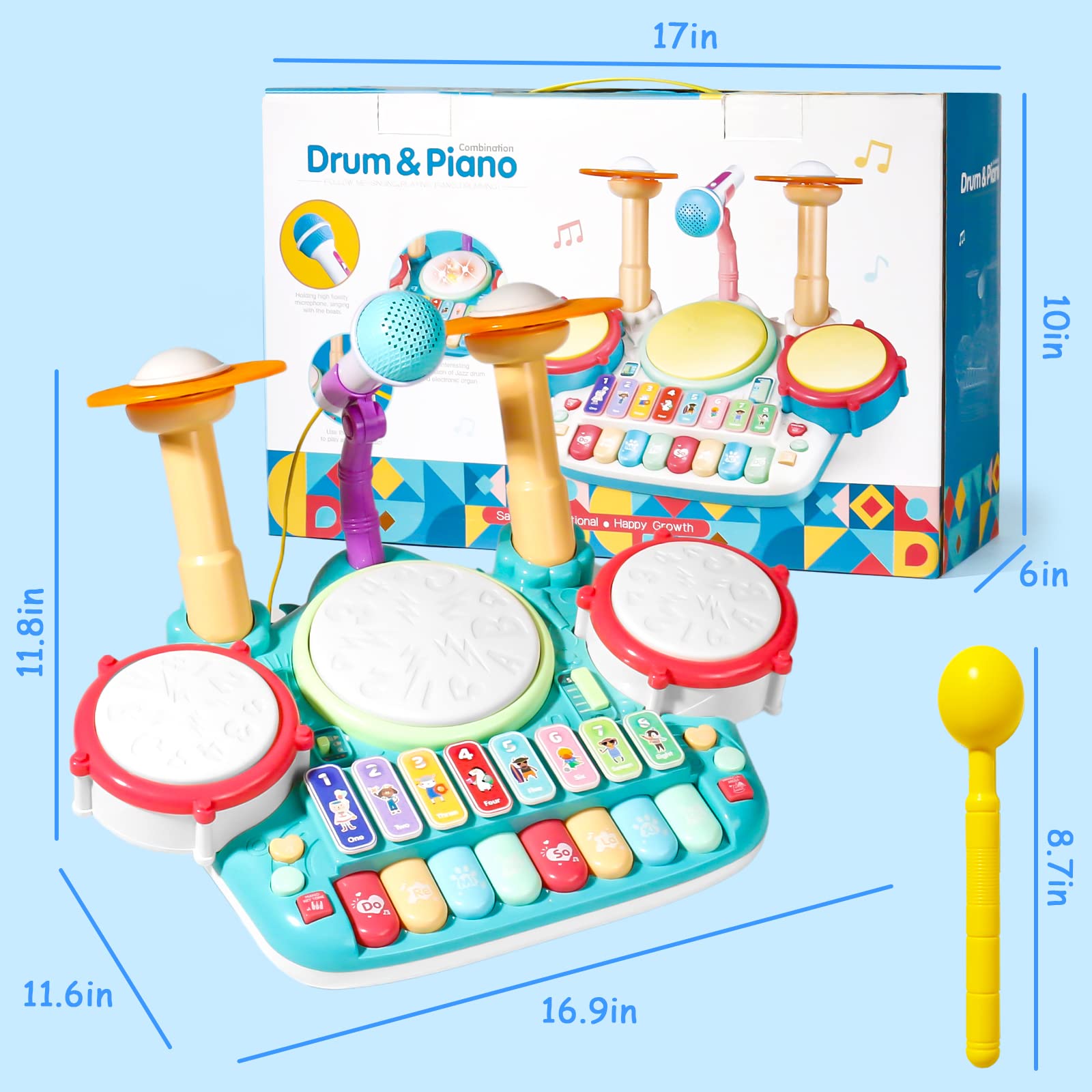 Fajiabao Kids Drum Set for Toddlers 1-3 with Microphone, Baby Drum Kit Musical Toys for 1 Year Old Boy Girl Light Piano Keyboard, Early Learning Instruments for 6 12 18 Month